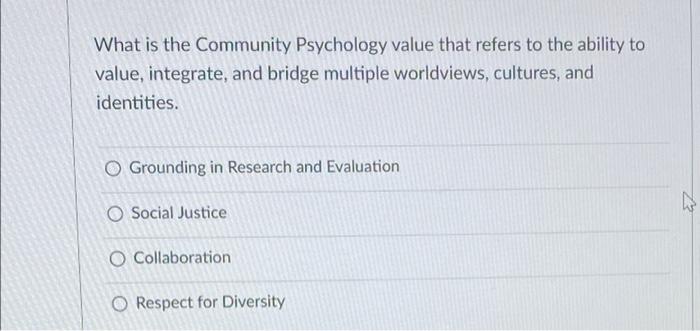 Solved What is the Community Psychology value that refers to | Chegg.com