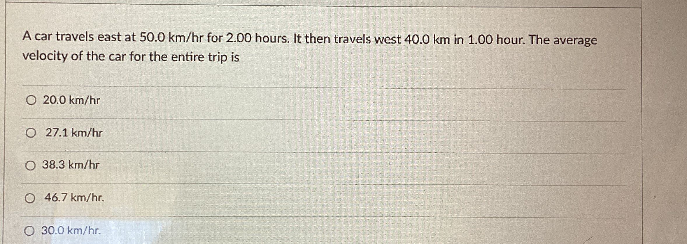 Solved A car travels east at 50.0kmhr ﻿for 2.00 ﻿hours. It | Chegg.com