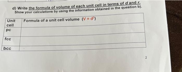Solved d) Write the formula of volume of each unit cell in | Chegg.com
