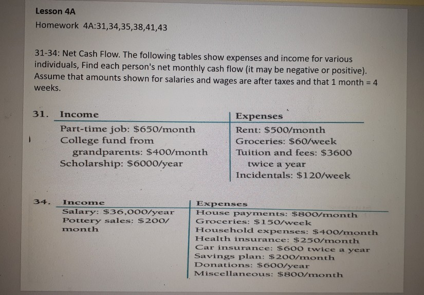 Solved Lesson 4A Homework 4A:31,34,35,38,41,43 31-34: Net | Chegg.com