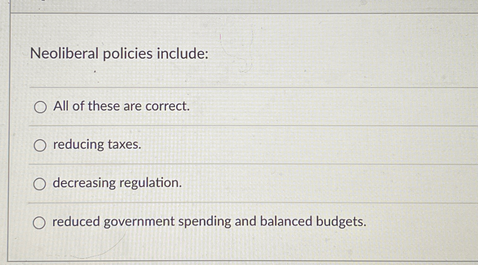 Solved Neoliberal policies include:All of these are | Chegg.com