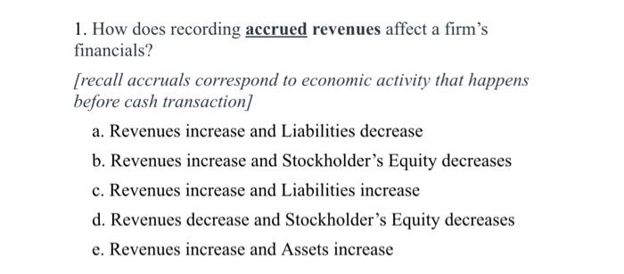 Solved 1. How does recording accrued revenues affect a | Chegg.com