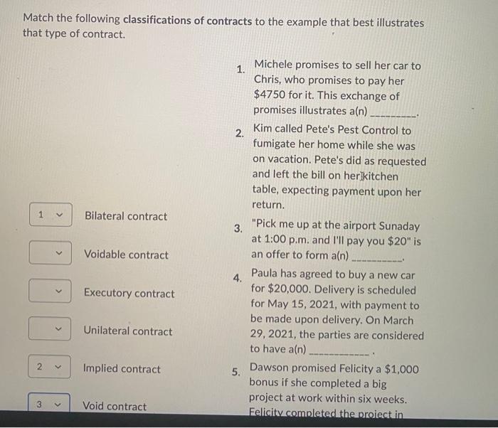 Solved Match the following classifications of contracts to | Chegg.com