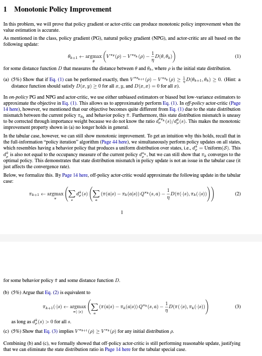 Solved 1 ﻿Monotonic Policy ImprovementIn this problem, we | Chegg.com