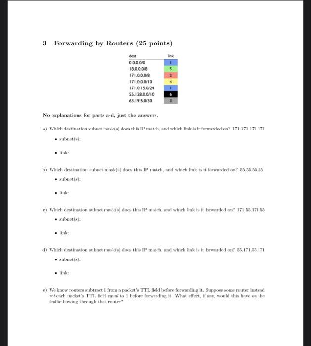 Solved 3 Forwarding by Routers (25 points) No explanations | Chegg.com