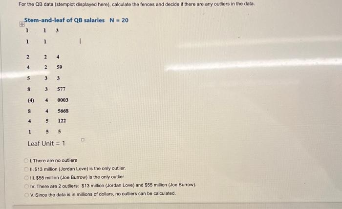Solved For the QB data (stemplot displayed here), calculate | Chegg.com