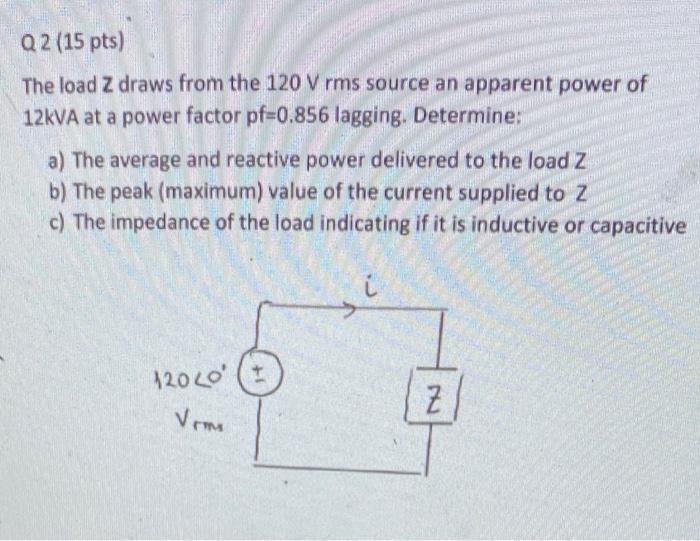 Solved Q2 (15 pts) The load Z draws from the 120 Vrms source | Chegg.com