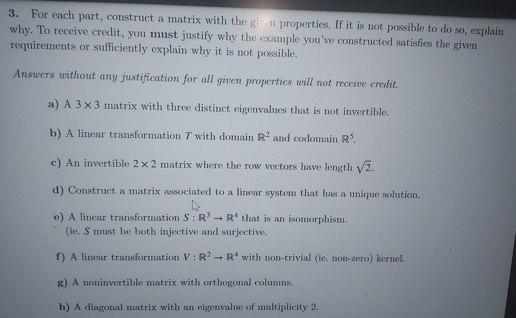Solved 3. For each part, construct a matrix with the given | Chegg.com
