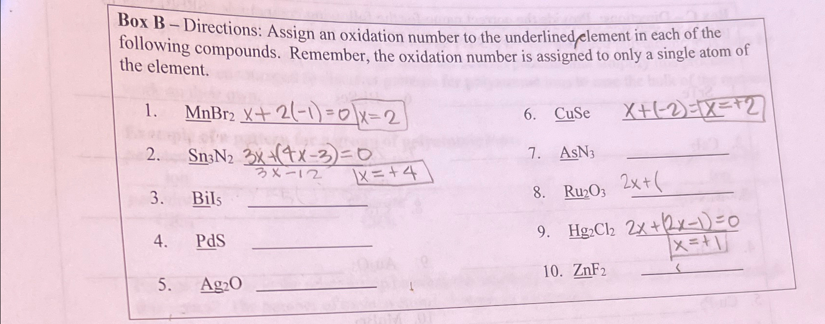Solved Box B - ﻿Directions: Assign an oxidation number to | Chegg.com