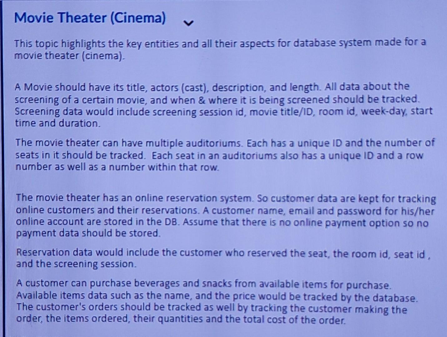 Solved Movie Theater (Cinema) This topic highlights the key | Chegg.com