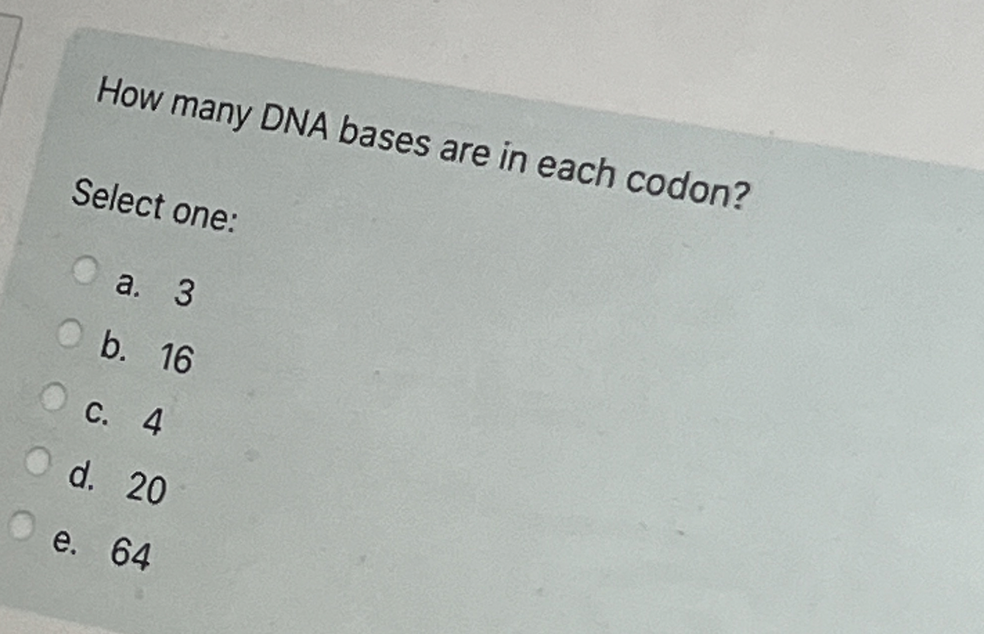 Solved How many DNA bases are in each codon?Select | Chegg.com