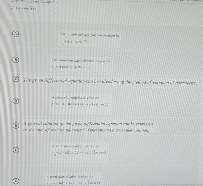Solved y4+y=csc2(x) (A) The complemientary function is given | Chegg.com