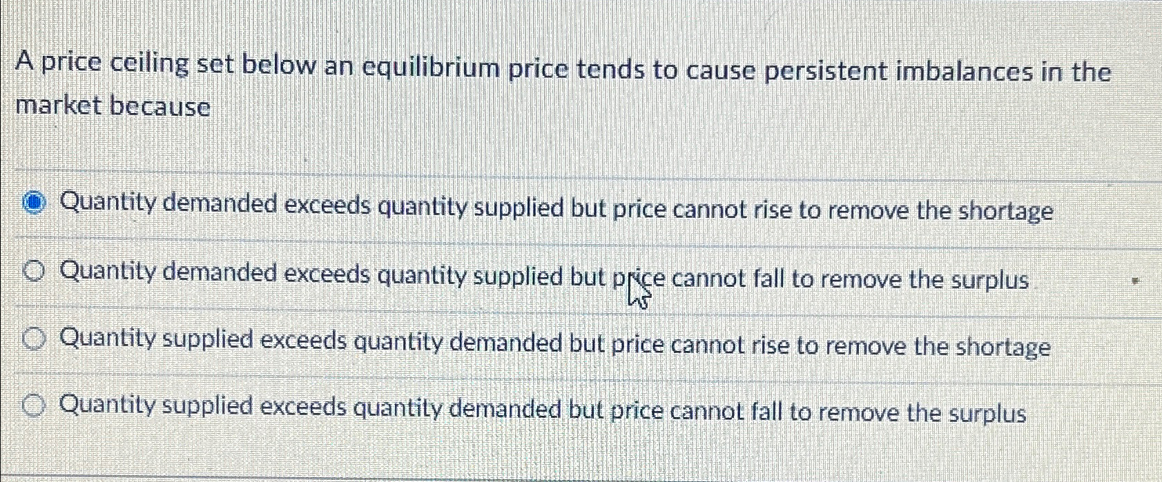 Solved A price ceiling set below an equilibrium price tends | Chegg.com