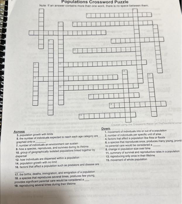 Populations Crossword Puzzle Note: If an answer | Chegg.com