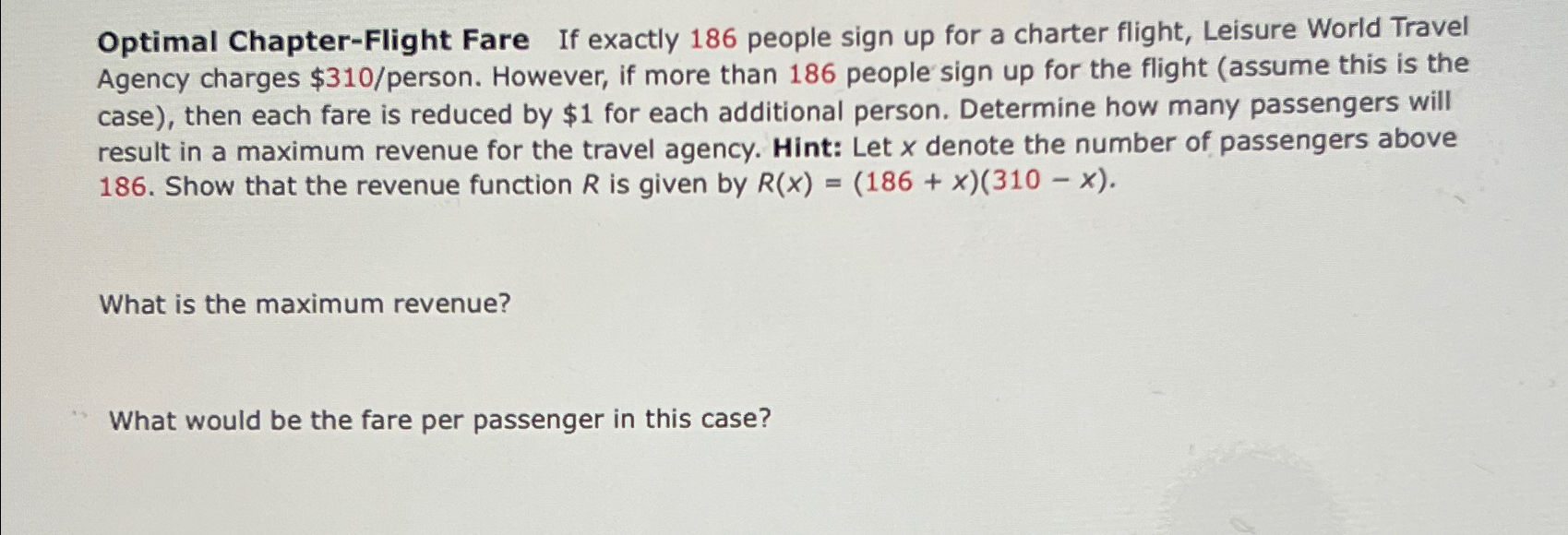 Optimal Chapter-Flight Fare If exactly 186 ﻿people | Chegg.com