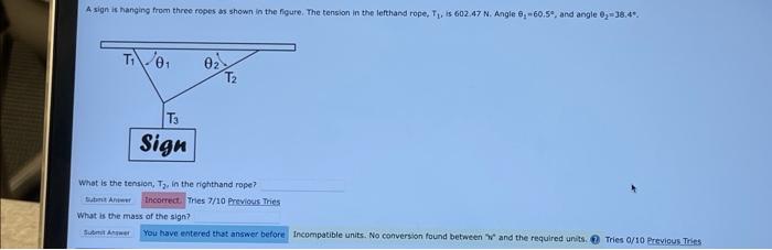 Solved A sign is hanging from three ropes as shown in the | Chegg.com