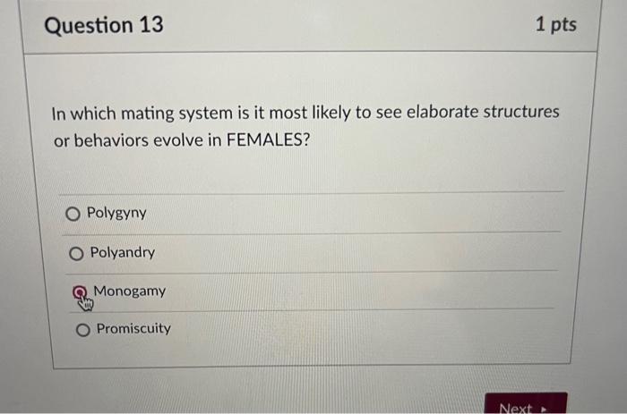 Solved Question 7 1 pts In a polygynous mating system, which | Chegg.com