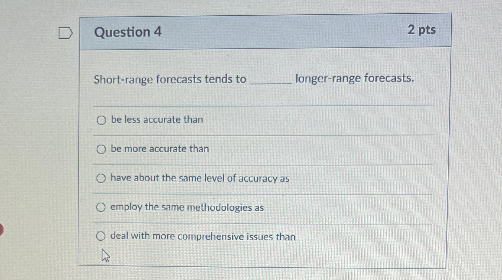Solved Question 42ptsShort-range forecasts tends to | Chegg.com