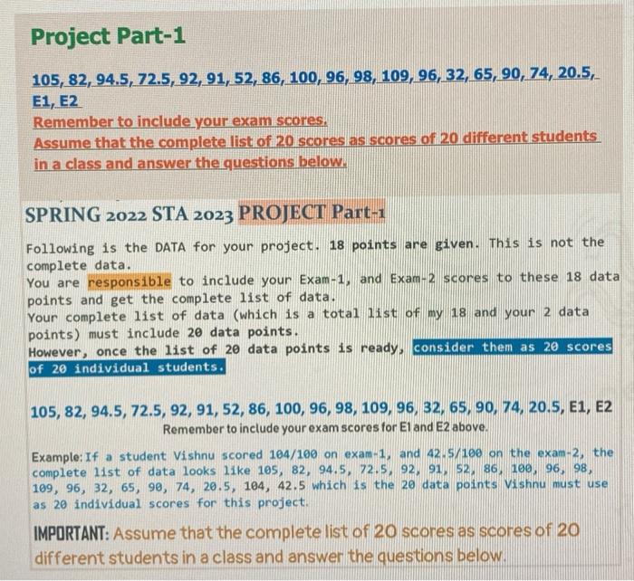 Solved Project Part-1 105, 82, 94.5, 72.5, 92, 91, 52, 86, | Chegg.com