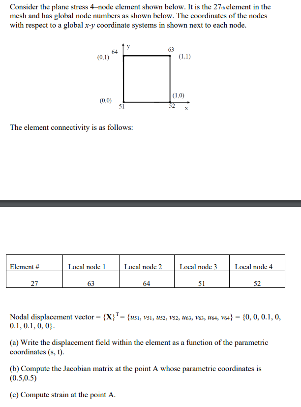 Consider the plane stress 4 -node element shown | Chegg.com