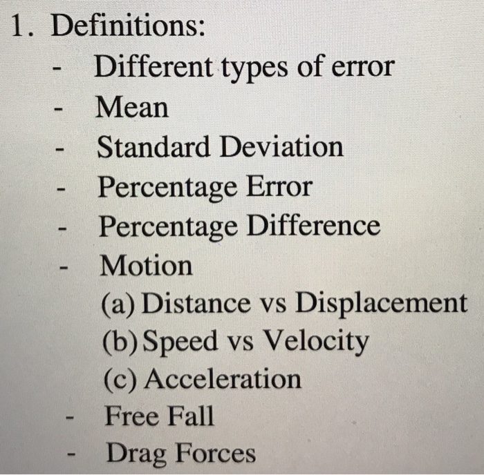Solved 1. Definitions: - Different types of error - Mean - | Chegg.com