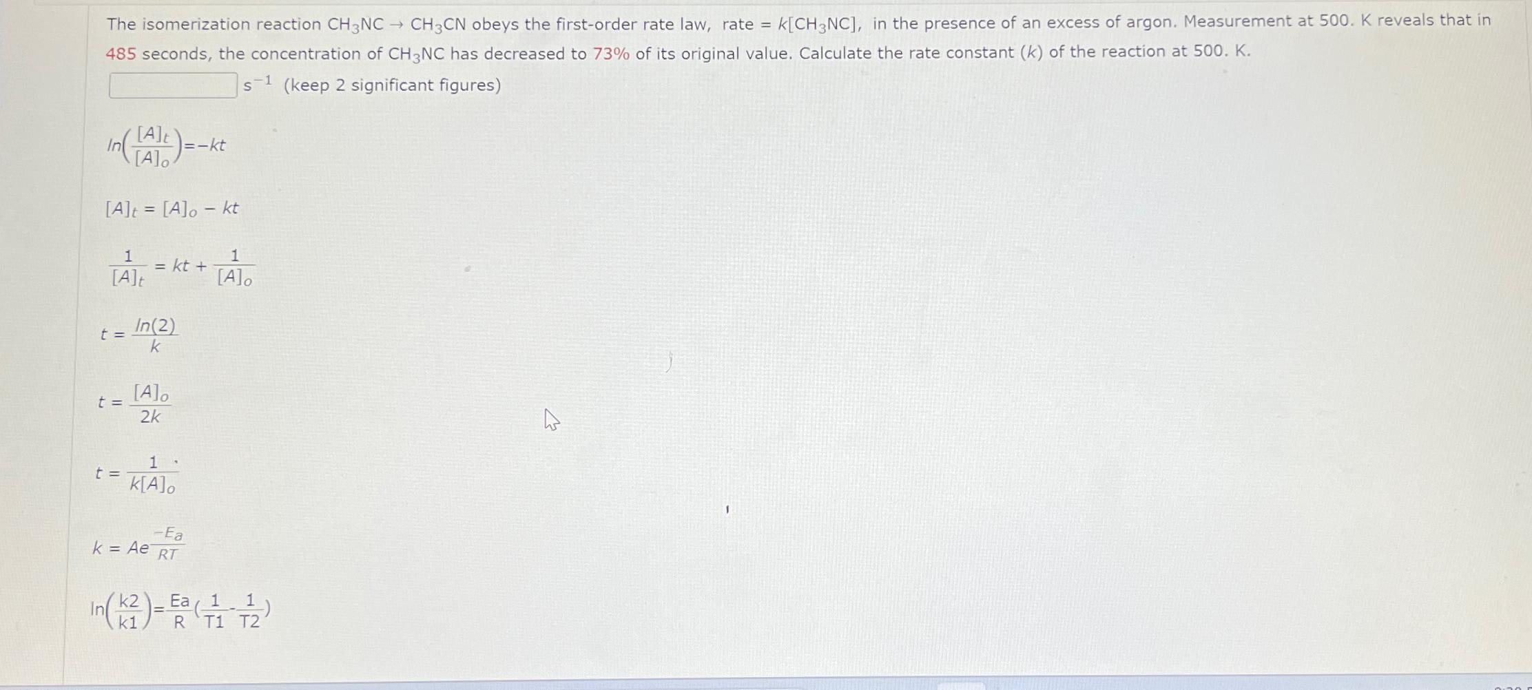 Solved 485 ﻿seconds, the concentration of CH3NC ﻿has | Chegg.com