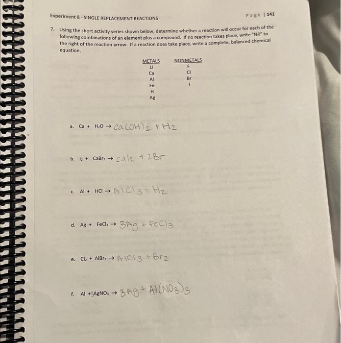 Solved 7. Using the short activity series shown below, | Chegg.com