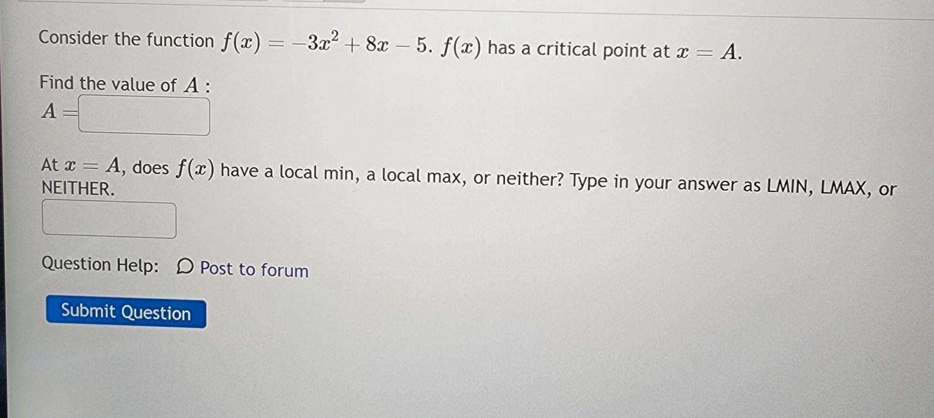 Solved The function f(x)=2x3−33x2+144x−6 has two critical | Chegg.com