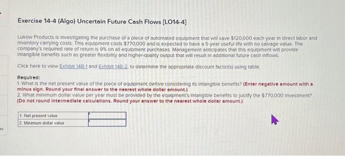 Solved Exercise 14-4 (Algo) Uncertain Future Cash Flows | Chegg.com Solved Exercise 14-4 (Algo) Uncertain Future Cash Flows | Chegg.com