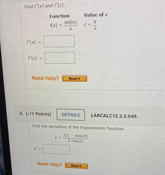Solved Find f′(x) and f′(c) Function Value of c | Chegg.com
