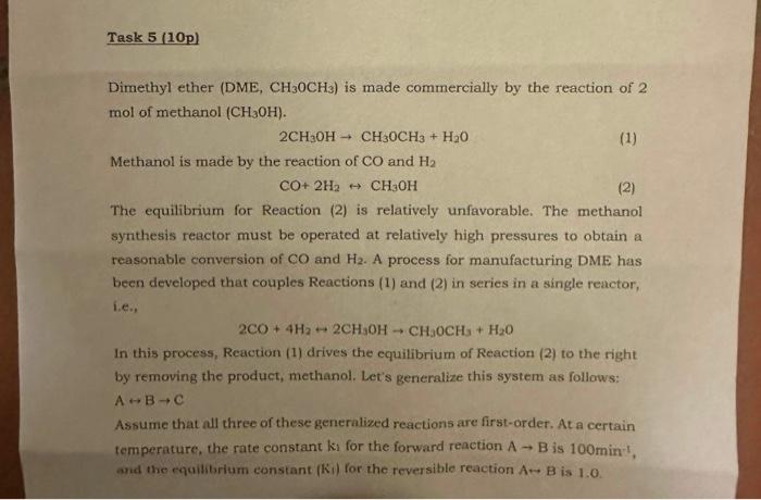 Solved chemical reaction technologyTask 5 Dimethyl ether | Chegg.com