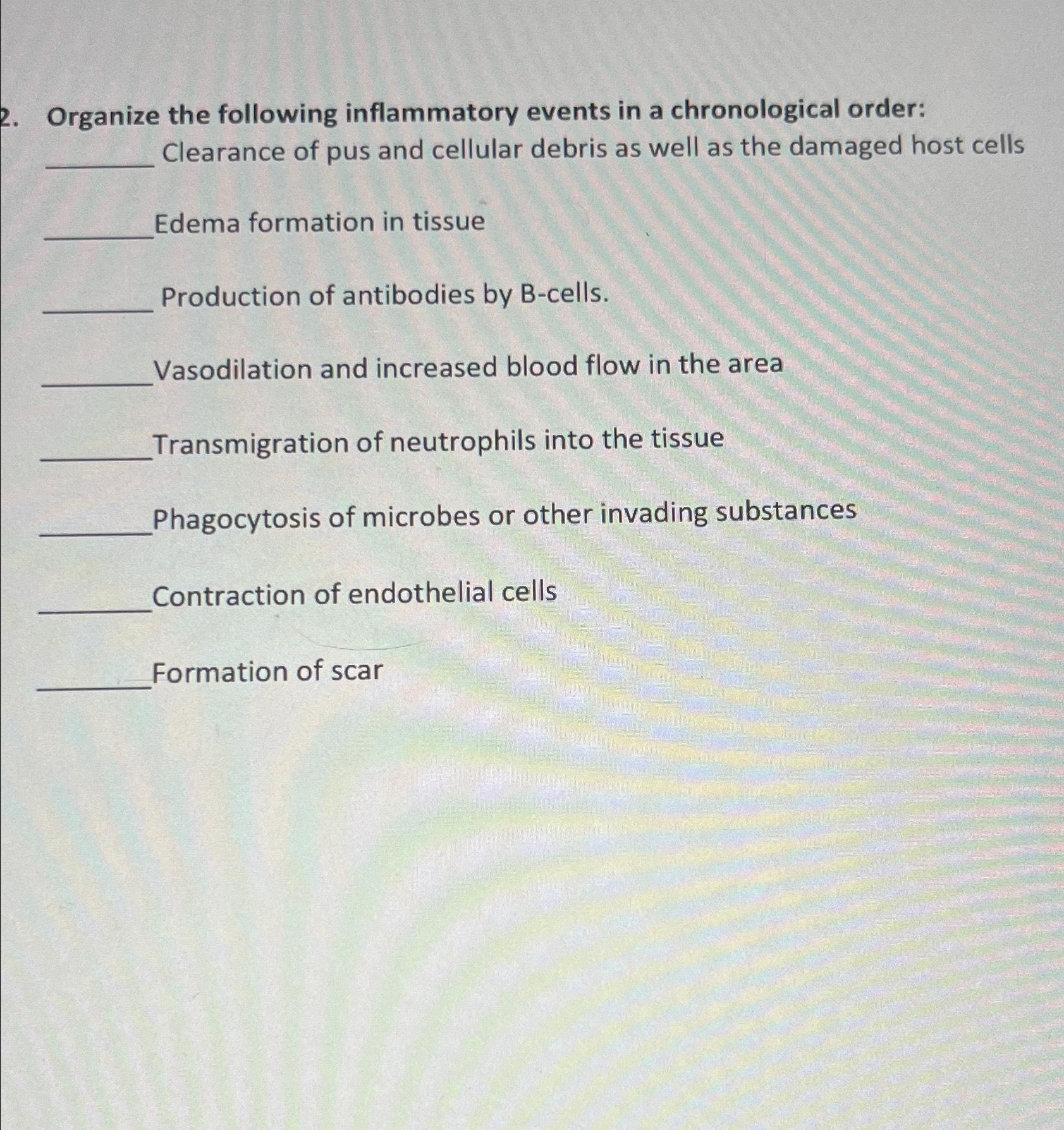 Solved Organize the following inflammatory events in a | Chegg.com