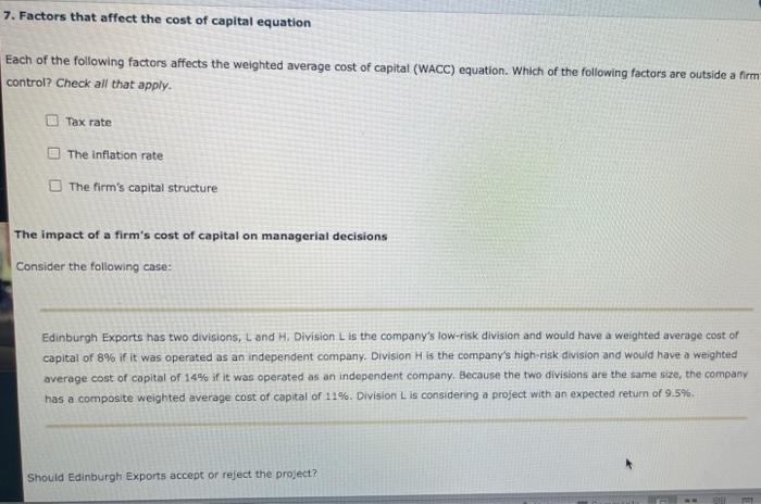 Solved 7. Factors that affect the cost of capital equation | Chegg.com