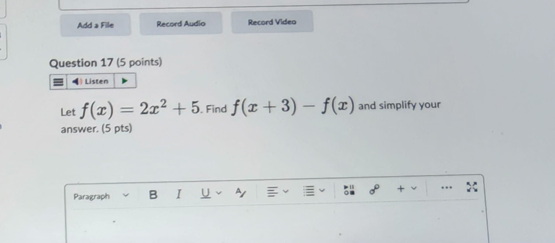 Solved Let f(x)=2x2+5. Find f(x+3)-f(x) and simplify | Chegg.com Solved Let f(x)=2x2+5. Find f(x+3)-f(x) and simplify | Chegg.com