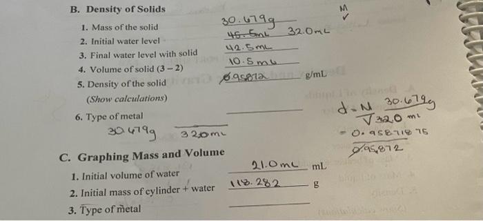 B. Density of Solids 1. Mass of the solid 2. Initial | Chegg.com