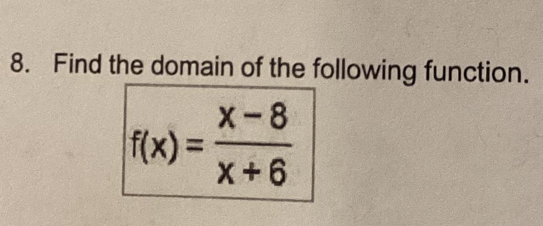 Solved Find the domain of the following function.f(x)=x-8x+6 | Chegg.com
