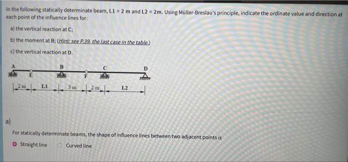 Solved In the following statically determinate beam, L1 = 2 | Chegg.com