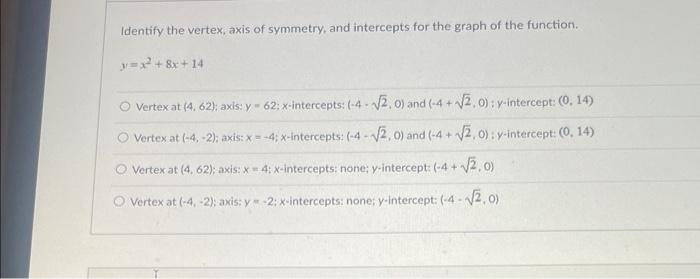 Solved Identify the vertex, axis of symmetry, and intercepts | Chegg.com