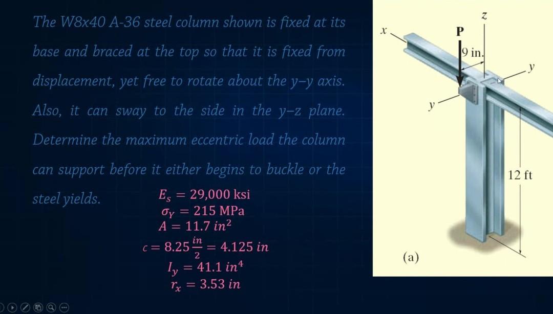 Solved z X P. 19 in. y The W8x40 A-36 steel column shown is | Chegg.com