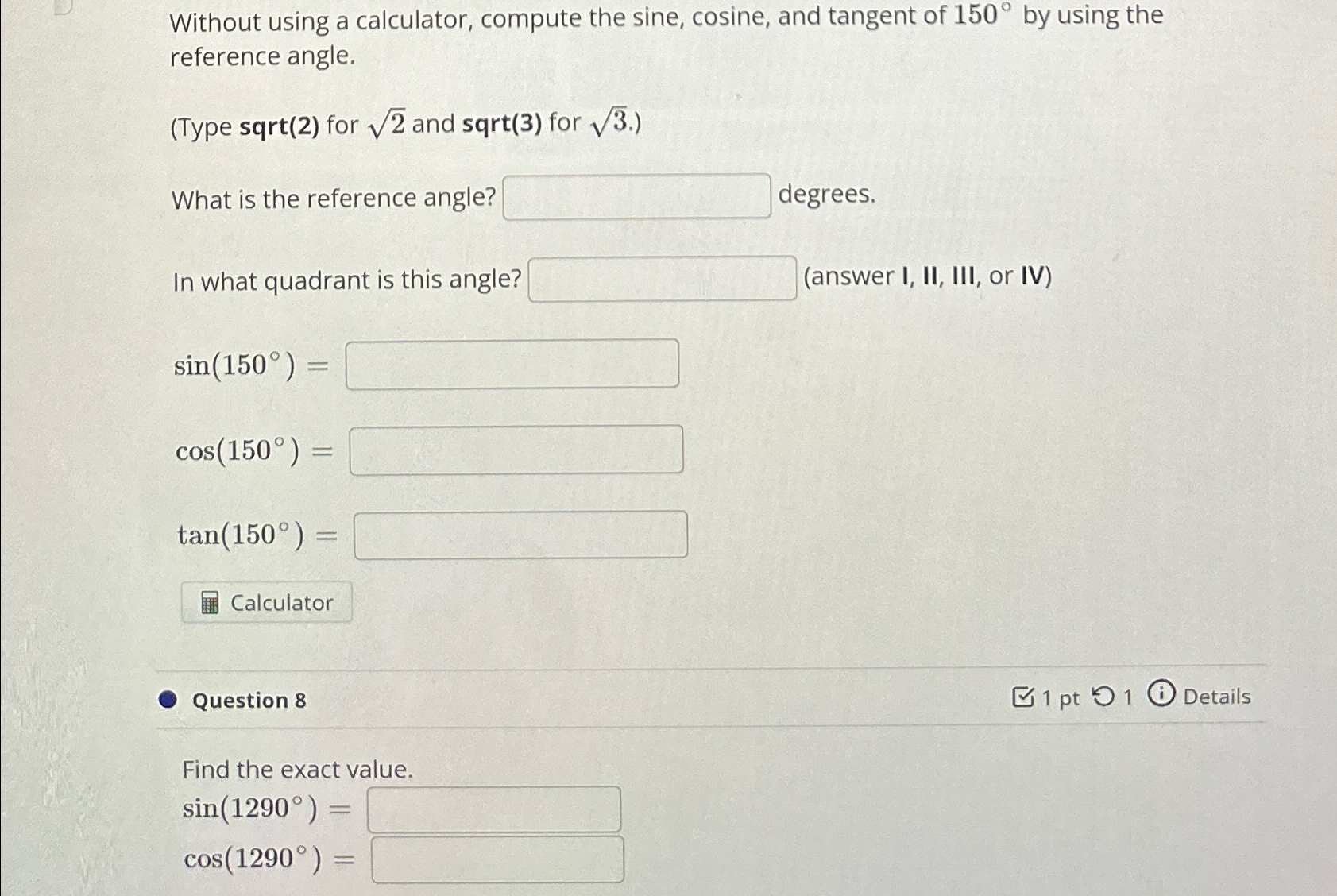 Solved Without using a calculator, compute the sine, | Chegg.com