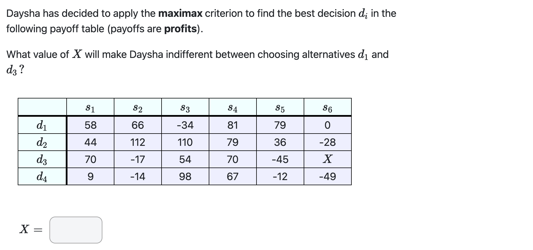 Solved Daysha has decided to apply the maximax criterion to | Chegg.com