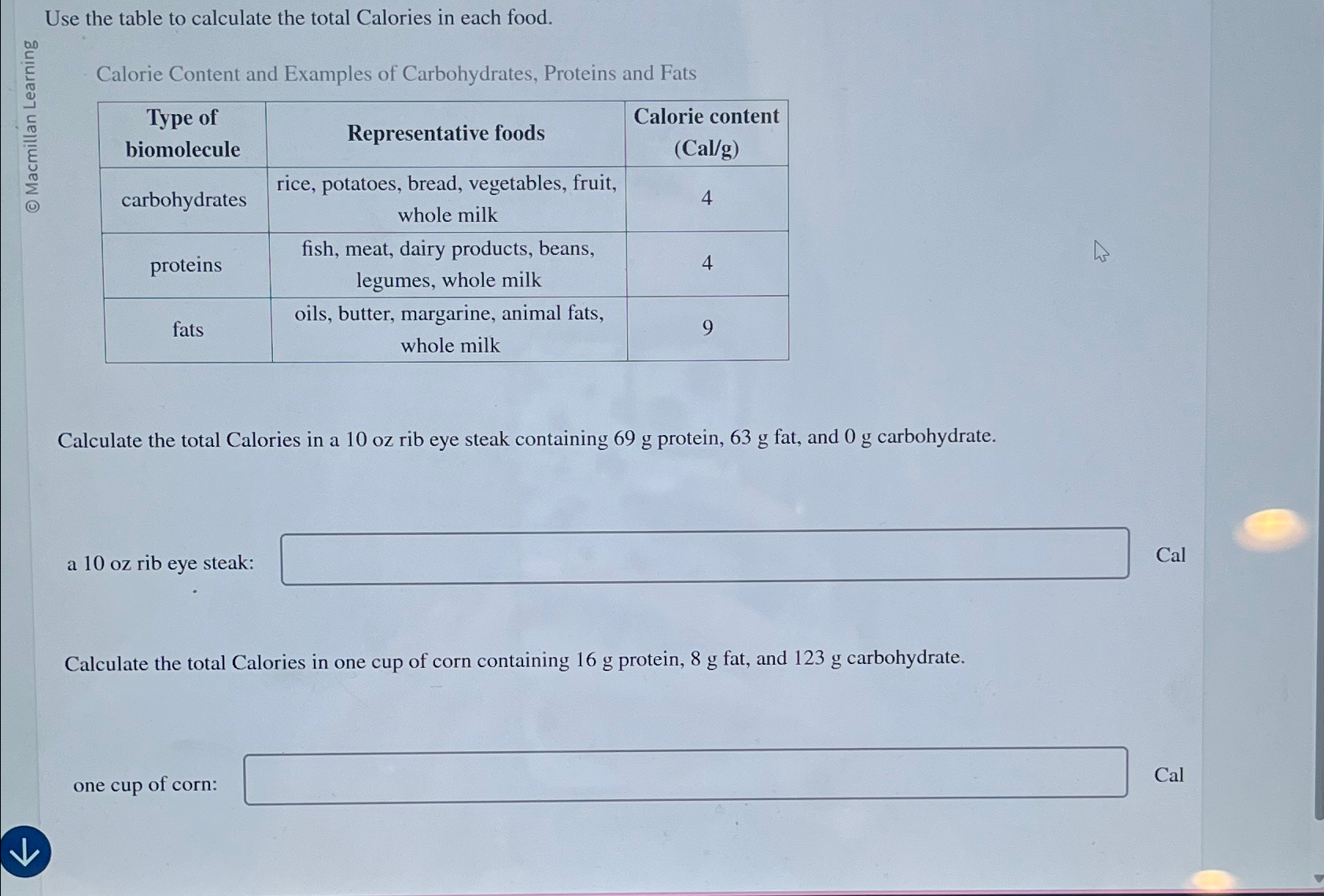 Solved Use the table to calculate the total Calories in each | Chegg.com