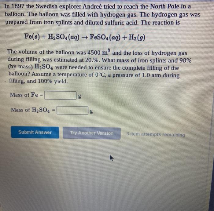 Solved In 1897 the Swedish explorer Andreé tried to reach | Chegg.com