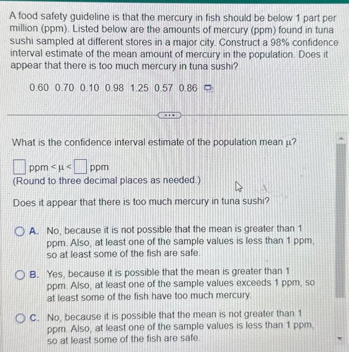 Solved A food safety guideline is that the mercury in fish | Chegg.com