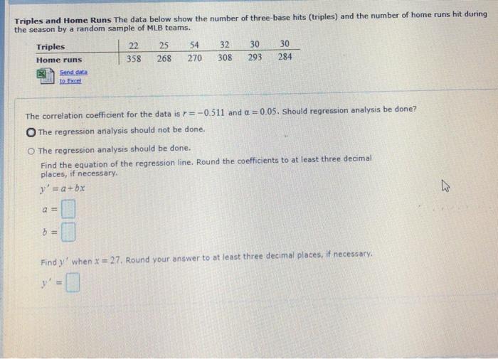 Solved Triples and Home Runs The data below show the number | Chegg.com