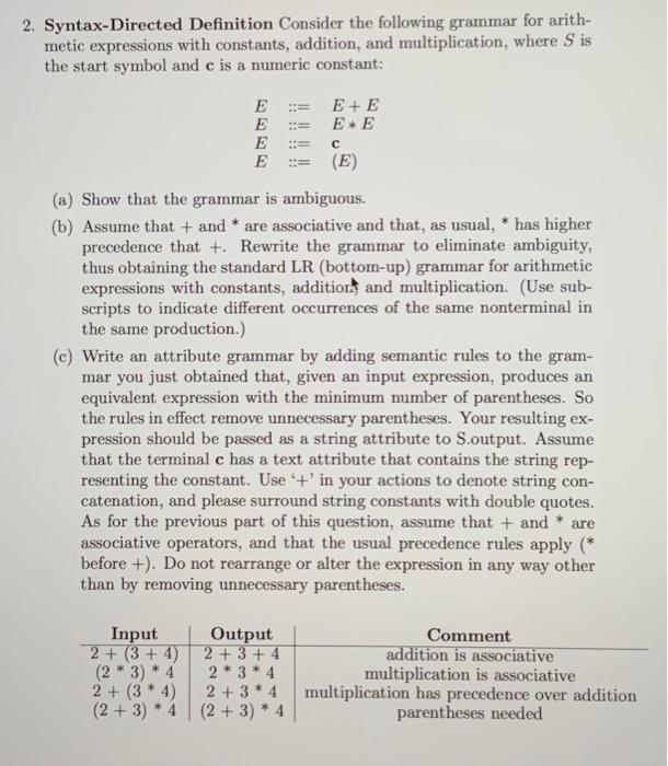 Solved 2. Syntax-Directed Definition Consider the following | Chegg.com