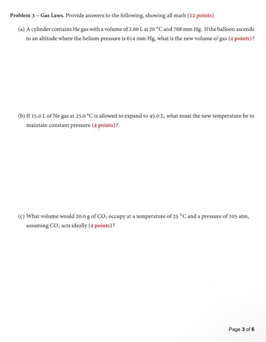 Problem 3 - Gas Laws. Provide answers to the | Chegg.com