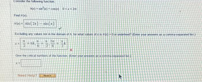 Solved Consider the folowing function. h(x)=sin2(x)+cos(x)0 | Chegg.com