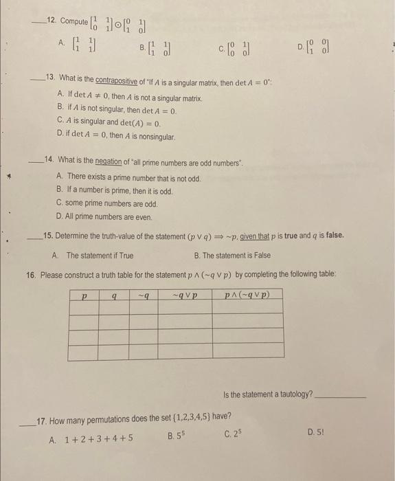 Solved 12. Compute [1011]⊙[0110] A. [1111] B. [1110] C. | Chegg.com