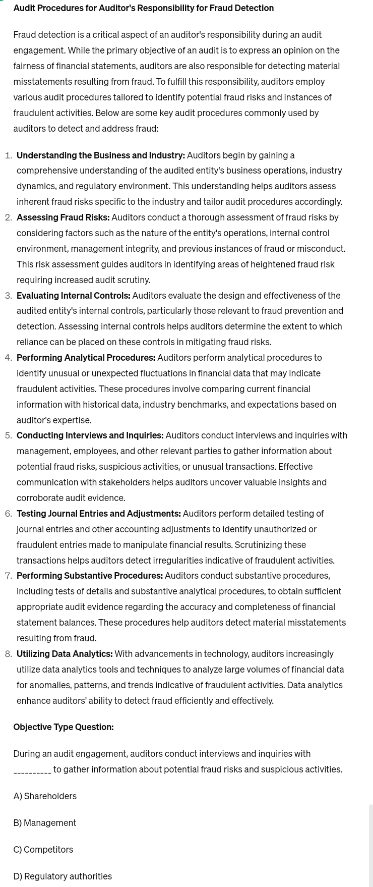 Solved Audit Procedures for Auditor's Responsibility for | Chegg.com